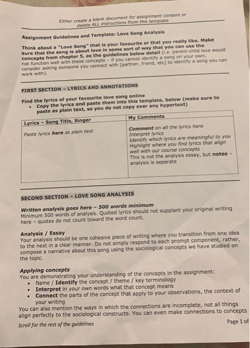 Assignment Guidelines and Template: Love Song | Chegg.com