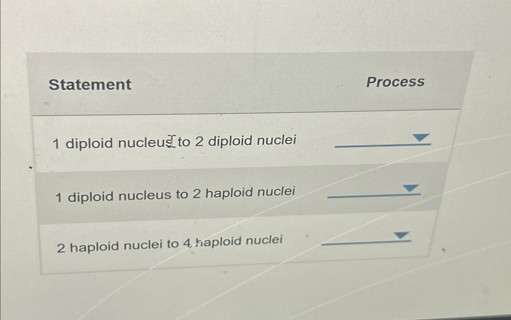 Solved StatementProcess1 ﻿diploid nucleuš ﻿to 2 ﻿diploid | Chegg.com