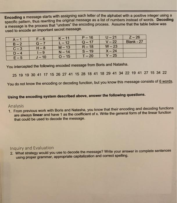 Solved Encoding a message starts with assigning each letter | Chegg.com