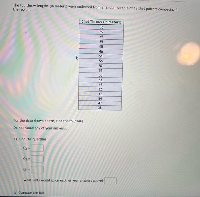 Solved The top throw lengths (in meters) were collected from | Chegg.com