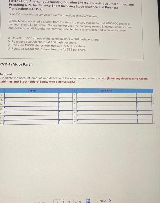 Solved PA11-1 (Algo) Analyzing Accounting Equation Effects, | Chegg.com