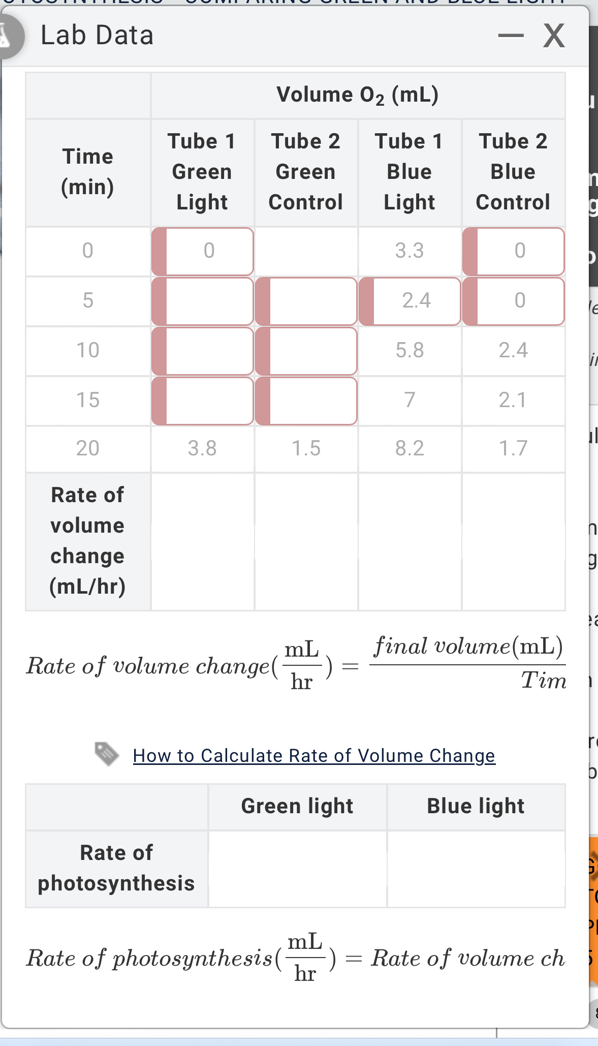 Solved 4. ﻿Calculate rate of volume change for Elodea in | Chegg.com