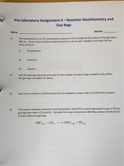Solved Pre-laboratory Assignment 4 - Reaction Stoichiometry | Chegg.com