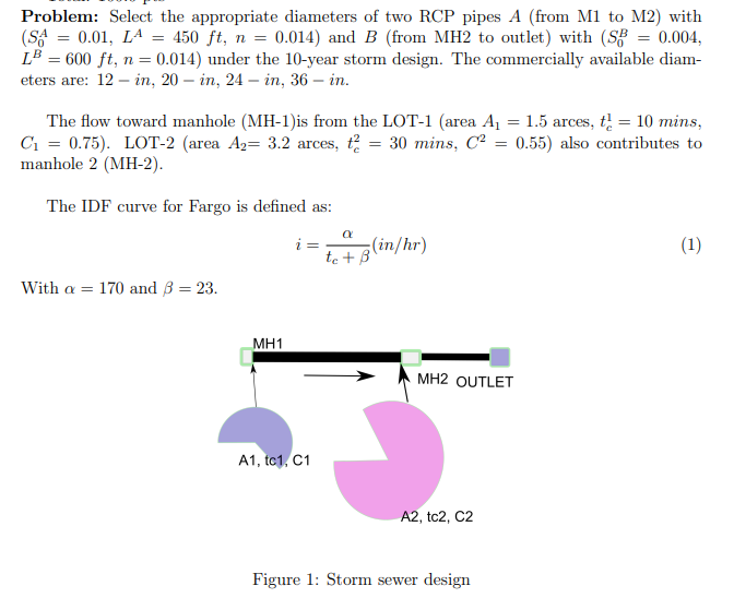 Problem: Select the appropriate diameters of ﻿two RCP | Chegg.com