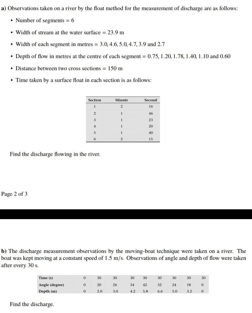 Solved a) Observations taken on a river by the float method | Chegg.com