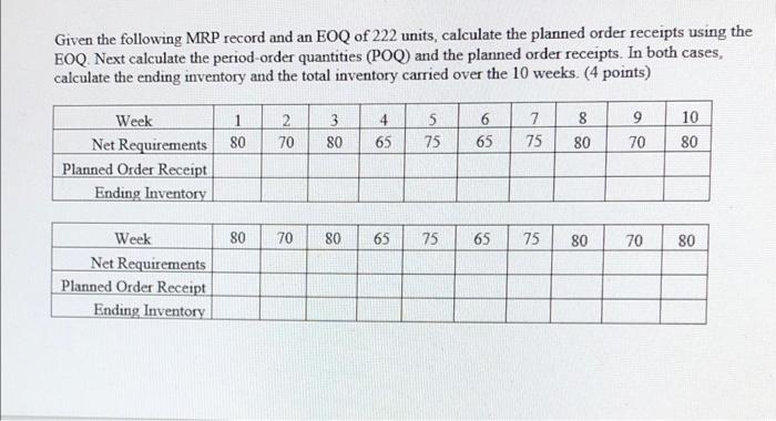 Solved Given the following MRP record and an EOQ of 222 | Chegg.com