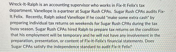 Solved Wreck-It-Ralph is an accounting supervisor who works | Chegg.com