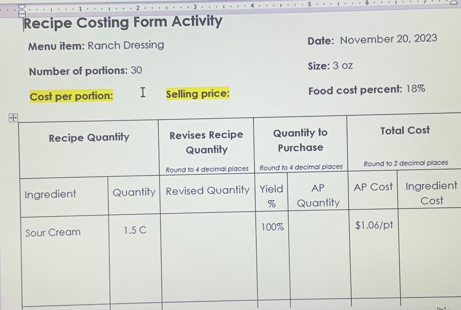 Recipe Costing Form ActivityMenu item: Ranch | Chegg.com