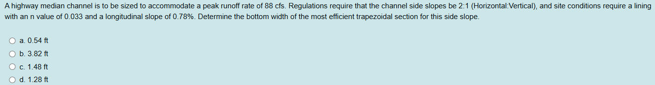 Solved A highway median channel is to be sized to | Chegg.com