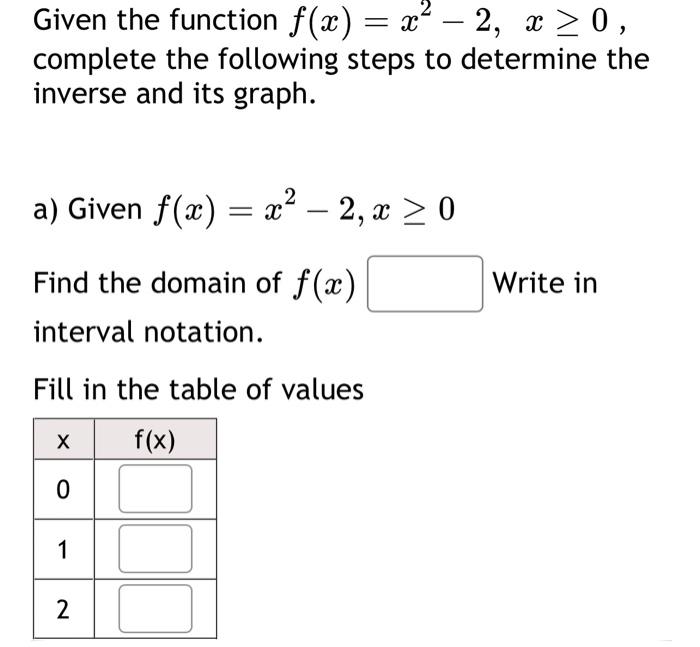 Solved Given the function f(x) = x² -2, x ≥0, complete the | Chegg.com