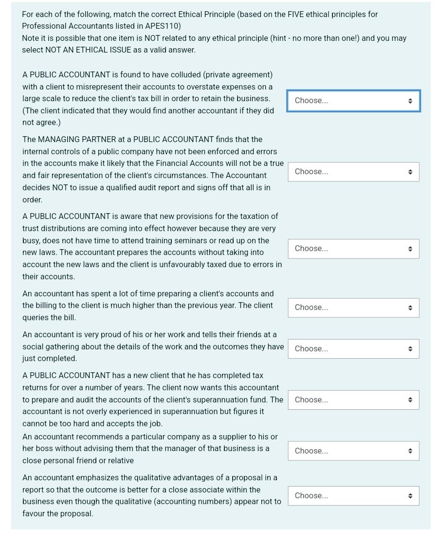 Solved For each of the following, match the correct Ethical | Chegg.com