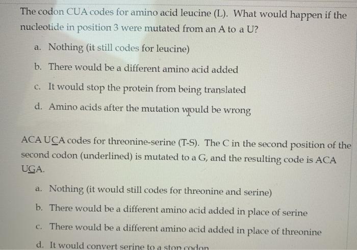 Solved The codon CUA codes for amino acid leucine (L). What | Chegg.com