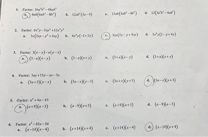 Solved 1. Factor: 36a2b3−48ab3 a. 6ab(6ab2−8b2) b. | Chegg.com