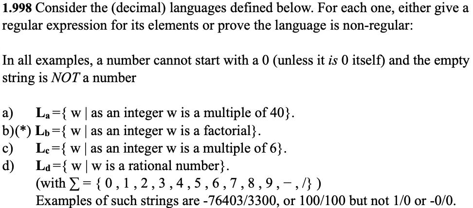 Solved 1.998 ﻿Consider the (decimal) ﻿languages defined | Chegg.com