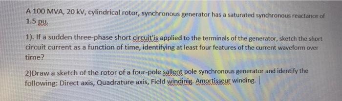 Solved A 100 MVA, 20 kV, cylindrical rotor, synchronous | Chegg.com
