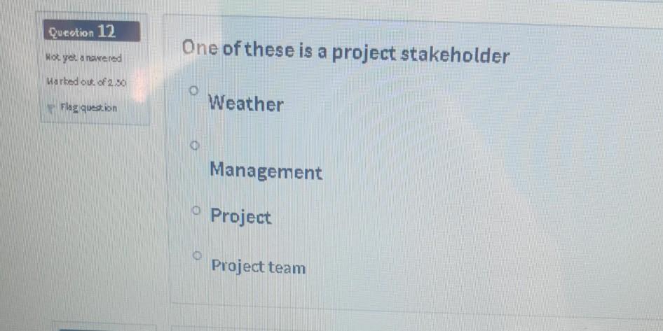Solved Qucetion 12 One of these is a project stakeholder | Chegg.com