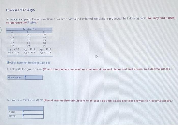 Solved Exercise 13-1 Algo A random sample of five | Chegg.com