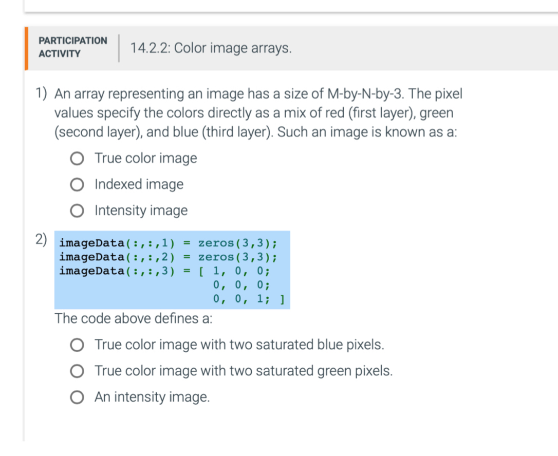 Solved PARTICIPATIONACTIVITY14.2.2: Color image arrays.An | Chegg.com