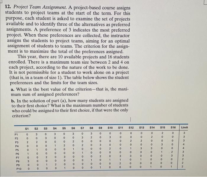 Solved 12. Project Team Assignment. A project-based course | Chegg.com