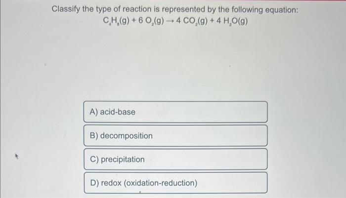 Solved Classify the type of reaction is represented by the | Chegg.com