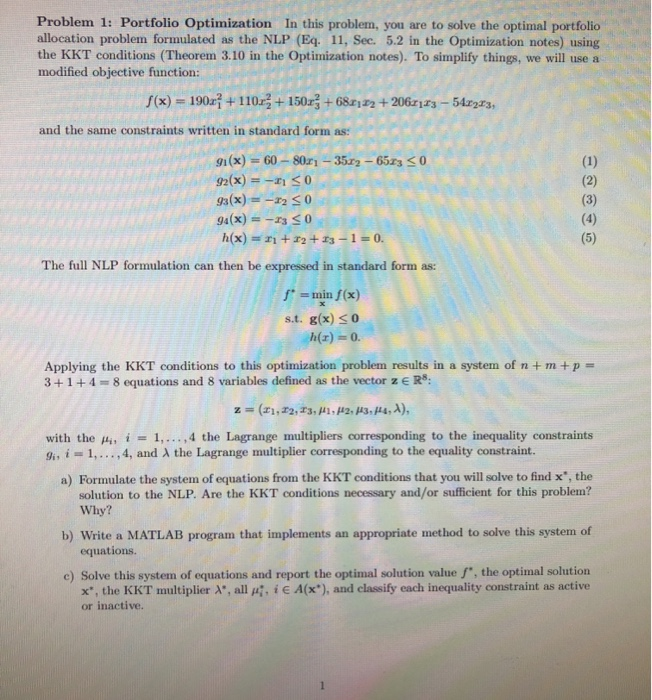 Problem 1: Portfolio Optimization In this problem, | Chegg.com