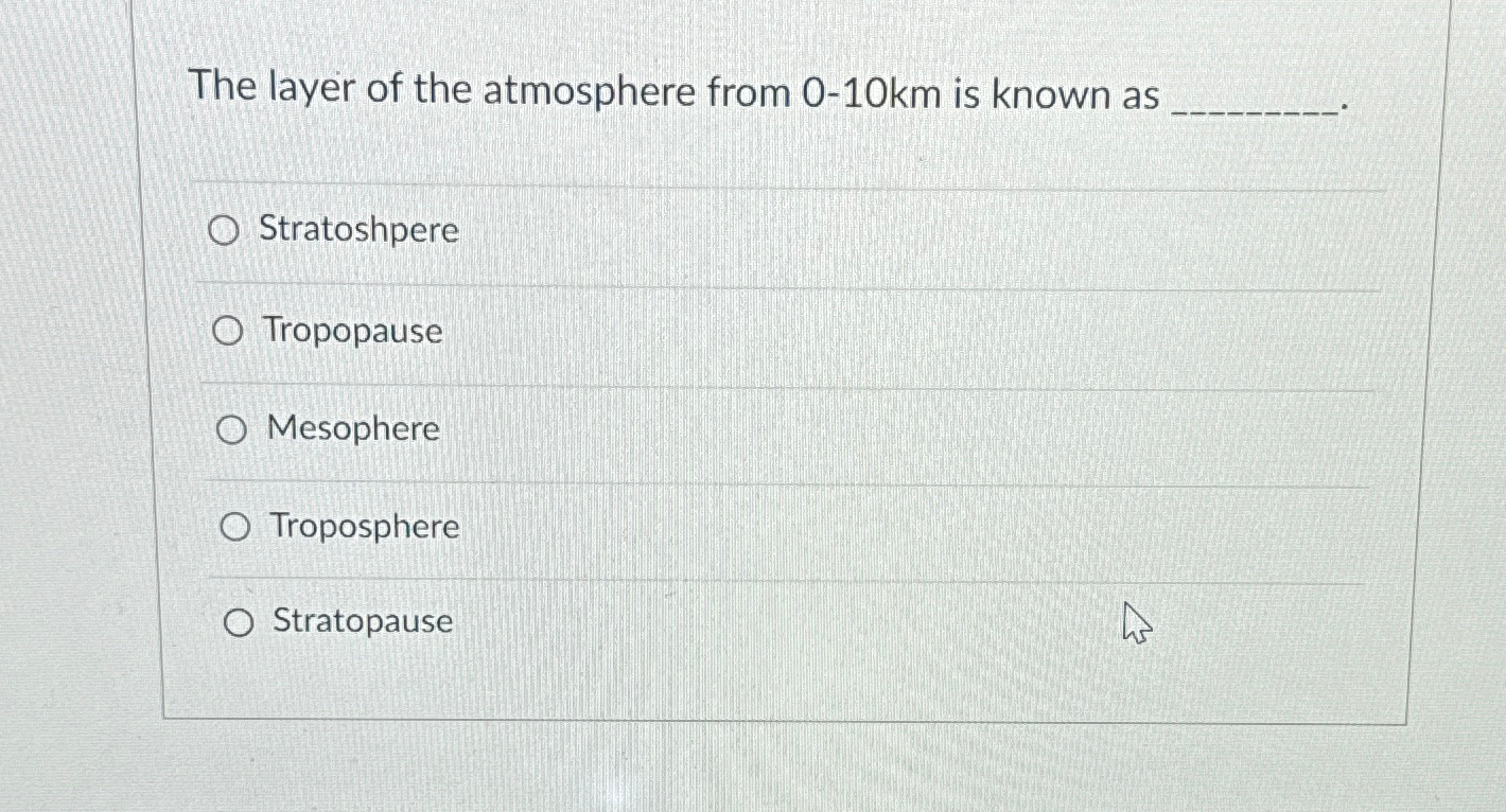Solved The layer of the atmosphere from 0-10km ﻿is known | Chegg.com