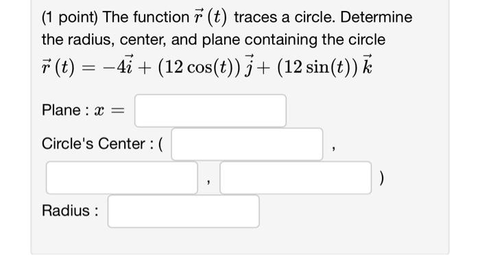 Solved (1 point) Find a parametrization of the circle of | Chegg.com