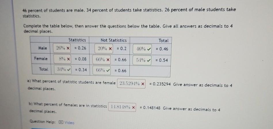 Solved 46 ﻿percent of students are male. 34 ﻿percent of | Chegg.com