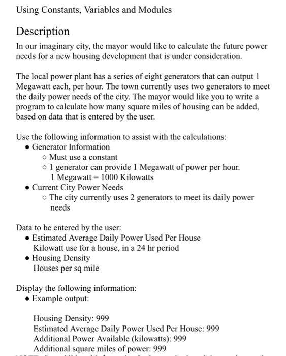 Solved Using Constants, Variables and Modules Description In | Chegg.com