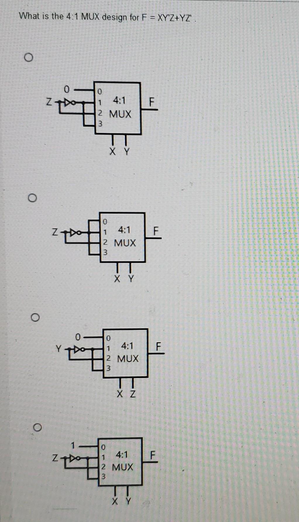 Solved What is the 4:1 MUX design for F=XYY′Z+YZ′ | Chegg.com