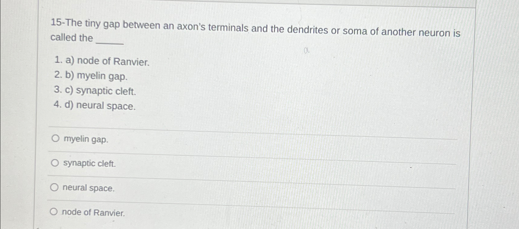 Solved 15-The tiny gap between an axon's terminals and the | Chegg.com