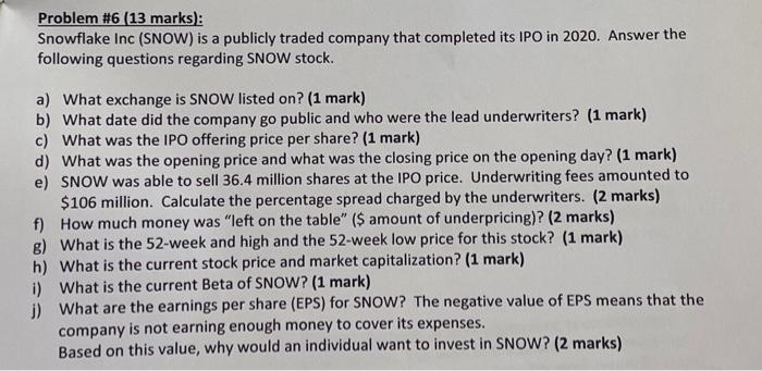 Solved Problem \#6 (13 marks): Snowflake Inc (SNOW) is a | Chegg.com