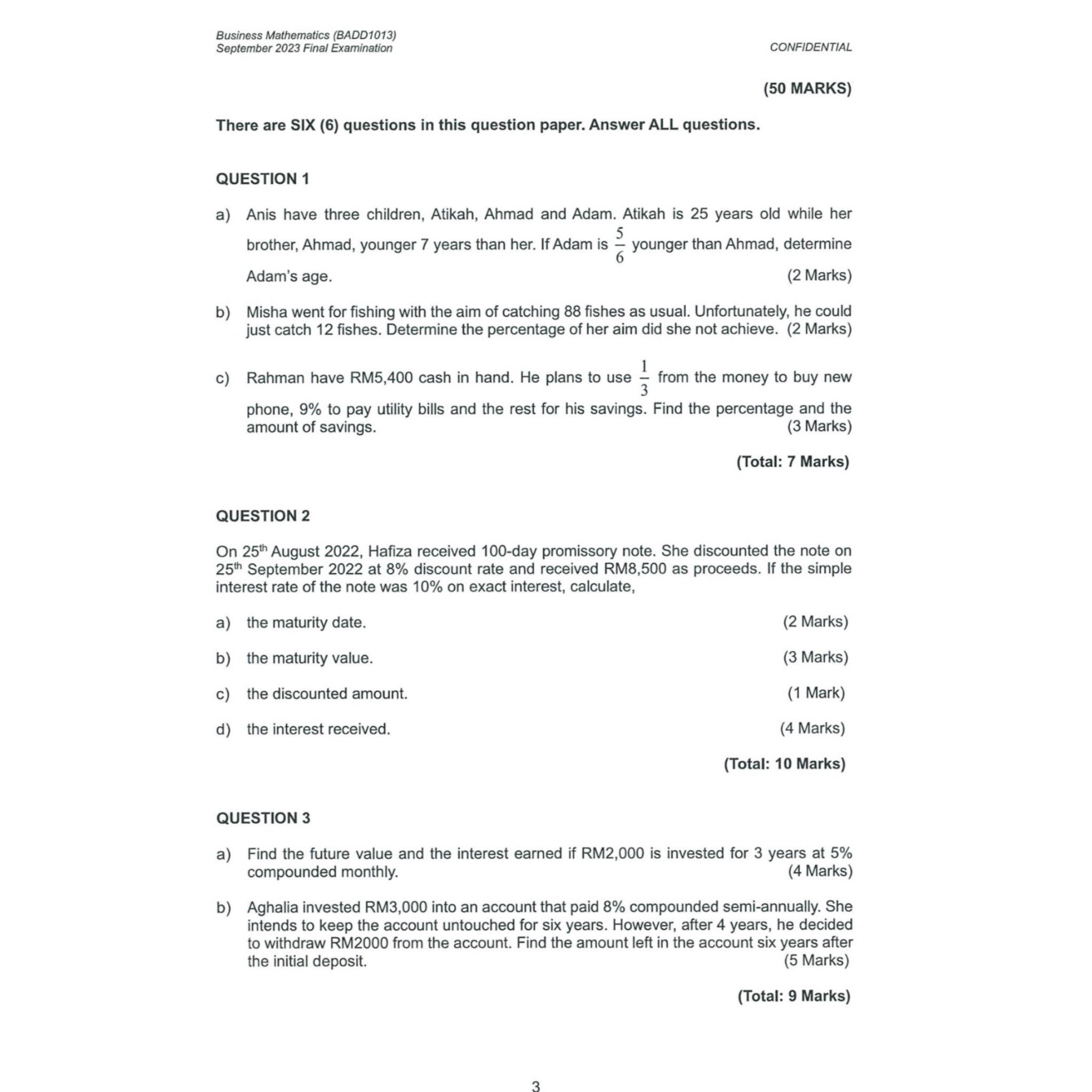 Solved Business Mathematics (BADD1013)September 2023 ﻿Final | Chegg.com