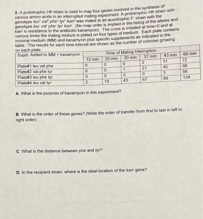 Solved 2. A prototrophic Hfr strain is used to map four | Chegg.com
