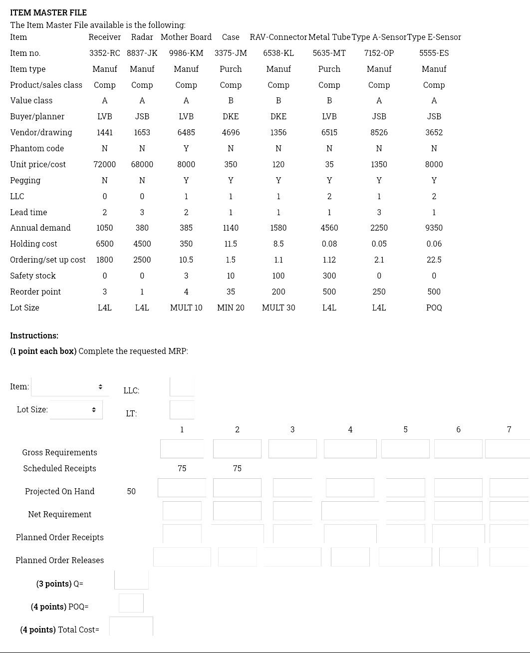 Solved (50 points) Please complete the following MRP Matrix | Chegg.com