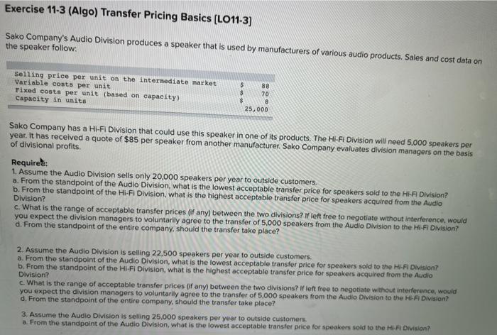 Solved Exercise 11-3 (Algo) Transfer Pricing Basics (LO11-3) | Chegg.com