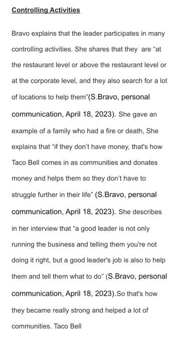 Solved Controlling Activities Bravo explains that the leader | Chegg.com