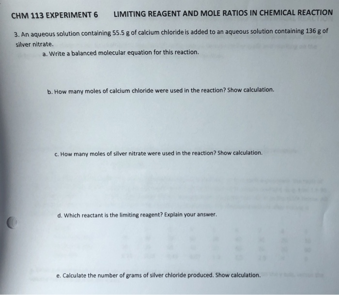 Solved LIMITING REAGENT AND MOLE RATIOS IN CHEMICAL REACTION | Chegg.com