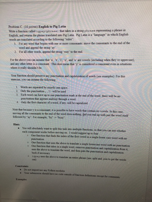 Solved Problem C. (10 points) English to Pig Latin Write a | Chegg.com