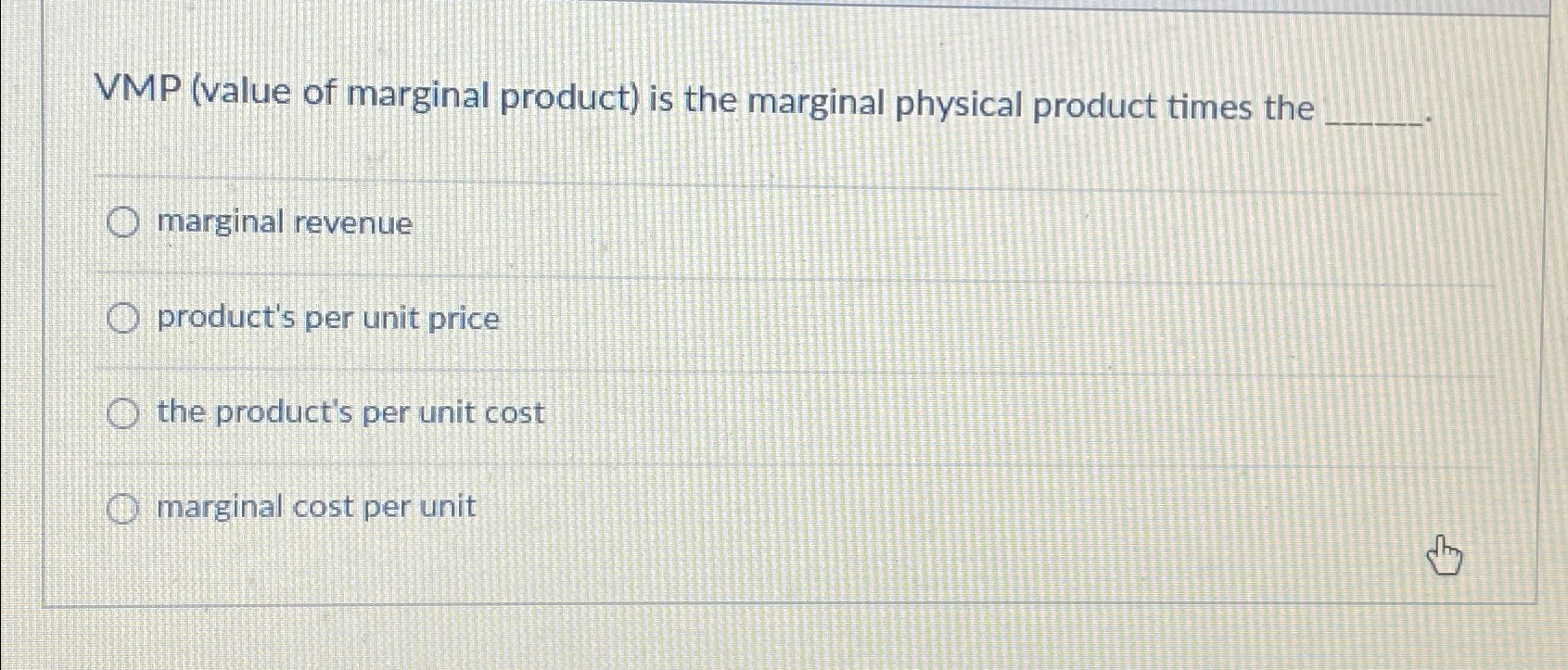 Solved VMP (value of marginal product) ﻿is the marginal | Chegg.com
