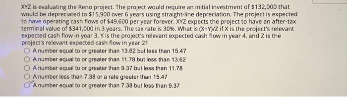 Solved XYZ is evaluating the Reno project. The project would | Chegg.com