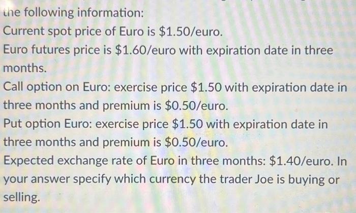 Solved the following information: Current spot price of Euro | Chegg.com