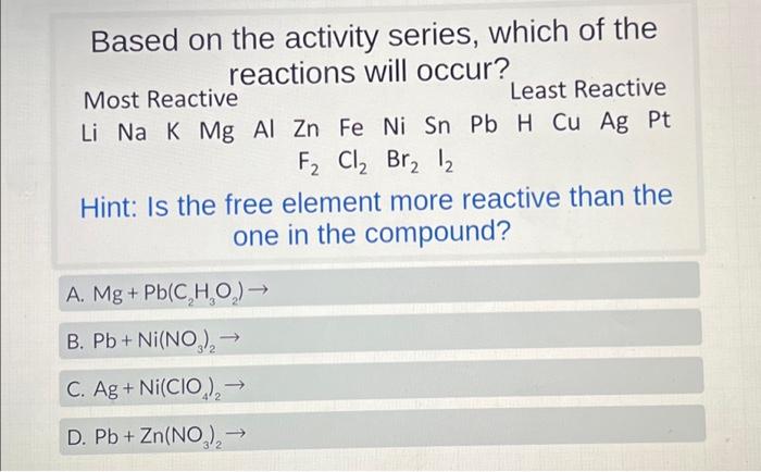 Solved Based on the activity series, which of the reactions | Chegg.com