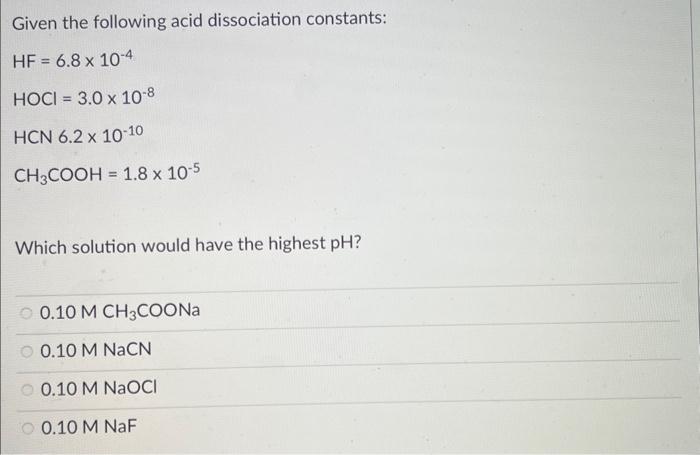 Solved Given the following acid dissociation constants: | Chegg.com