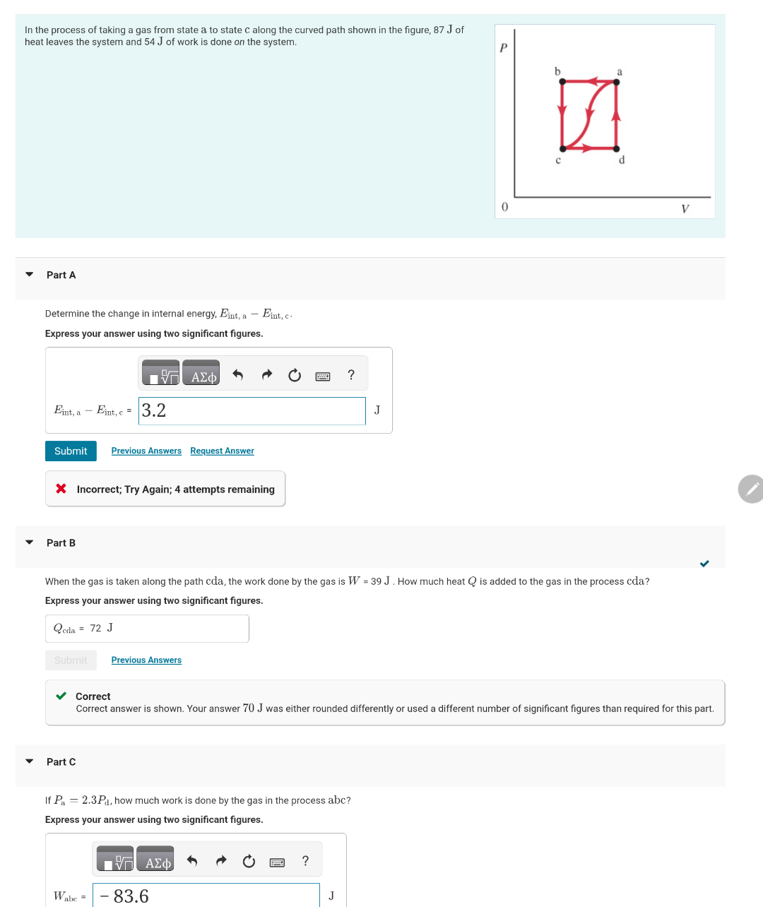 Solved In the process of taking a gas from state a to state | Chegg.com