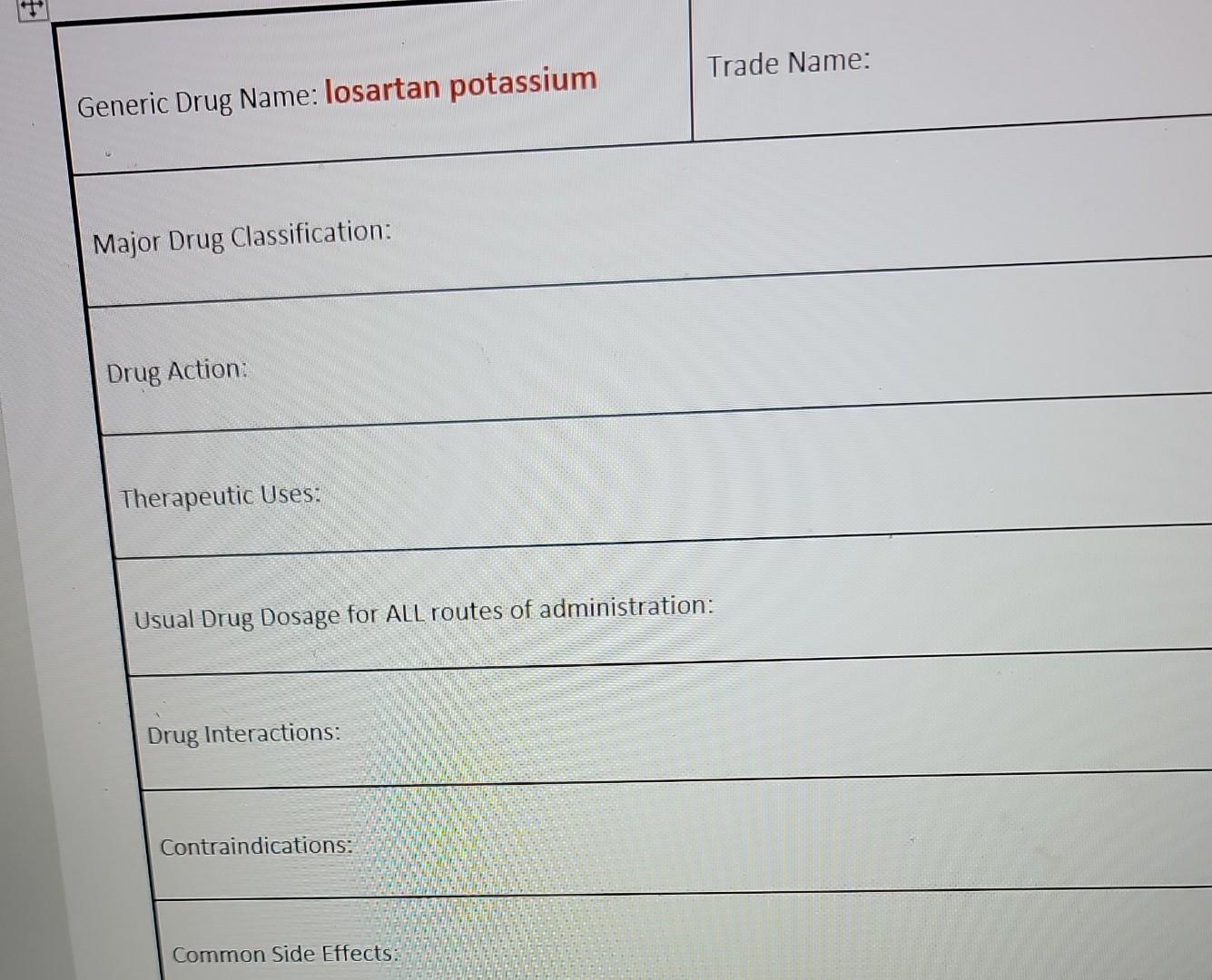 Solved Generic Drug Name: losartan potassium Trade Name: | Chegg.com