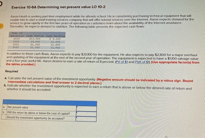 Solved Exercise 10-6A Determining net present value LO 10-2 | Chegg.com