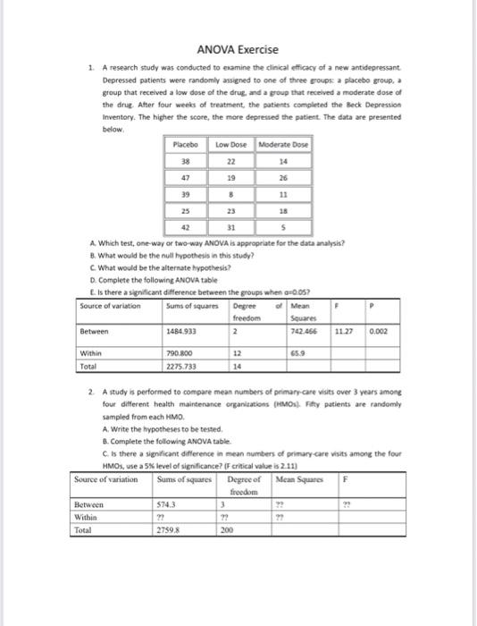 Solved ANOVA Exercise 1. A research study was conducted to | Chegg.com