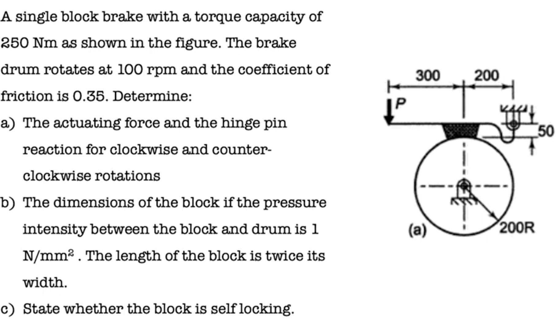 Solved A single block brake with a torque capacity of 250 Nm | Chegg.com