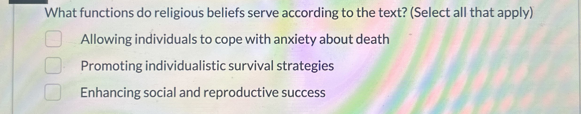 Solved What functions do religious beliefs serve according | Chegg.com